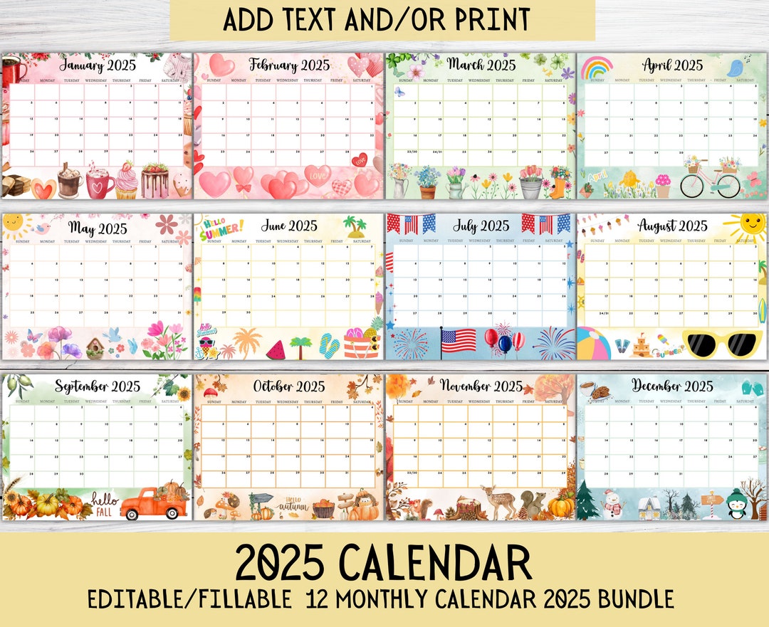EDITABLE 2025 Calendar Bundle, Fillable Calendar, Cute Printable ...