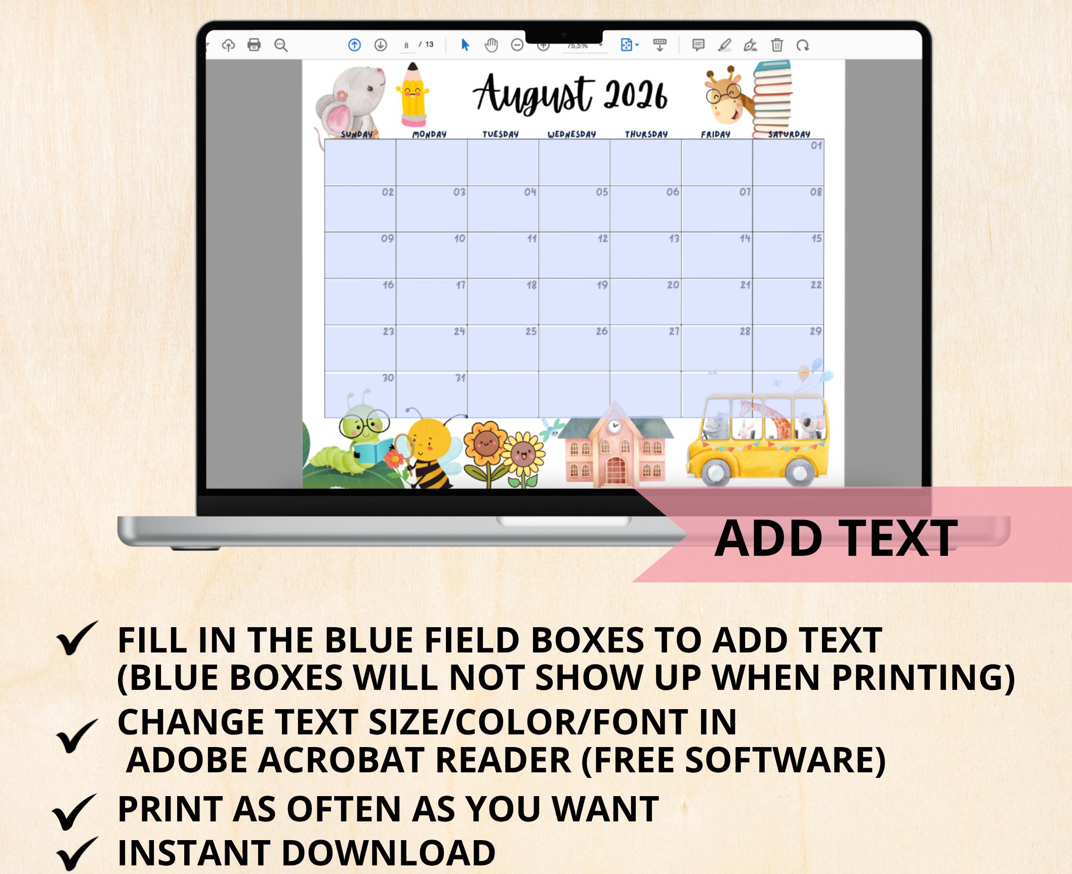 EDITABLE Monthly Calendar 2026 Bundle, Cute Whole Year 2026 Calendar ...