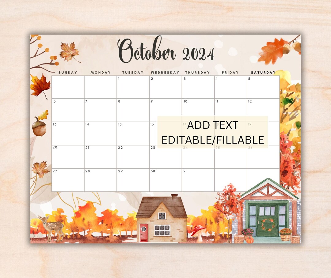 EDITABLE October 2024 Autumn Calendar, Printable October Calendar ...