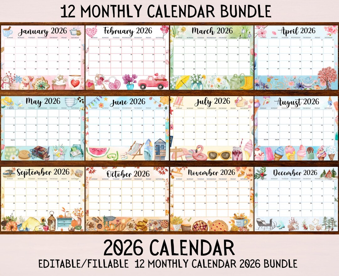 EDITABLE Monthly Calendar 2026 Bundle, Cute Printable Fillable Monthly ...