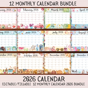 EDITABLE Monthly Calendar 2026 Bundle, Cute Printable Fillable Monthly ...