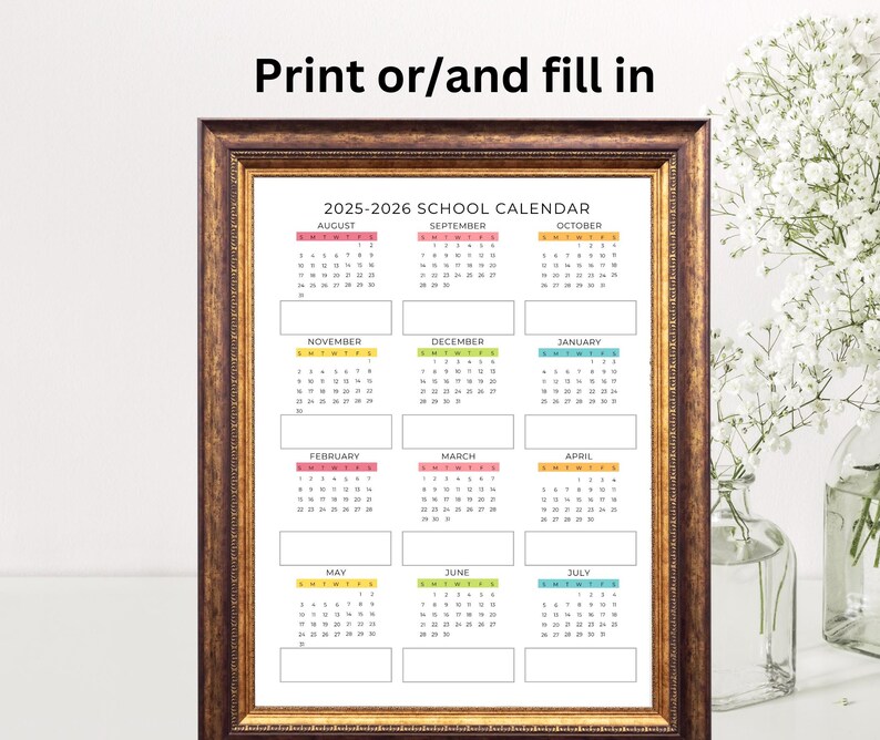 Editable School Year Calendar 2025-2026 for Preschool, Kindergarten ...