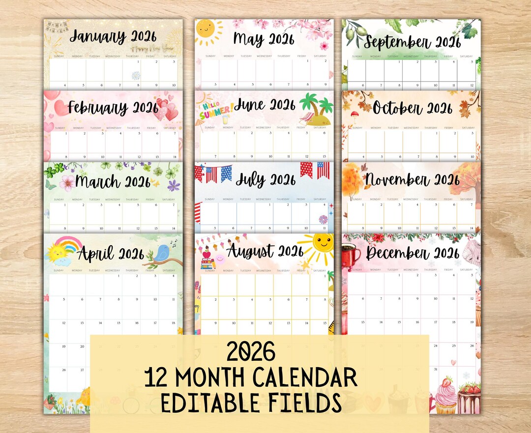 EDITABLE 2026 Calendar, 2026 Monthly Calendar Bundle, Printable ...