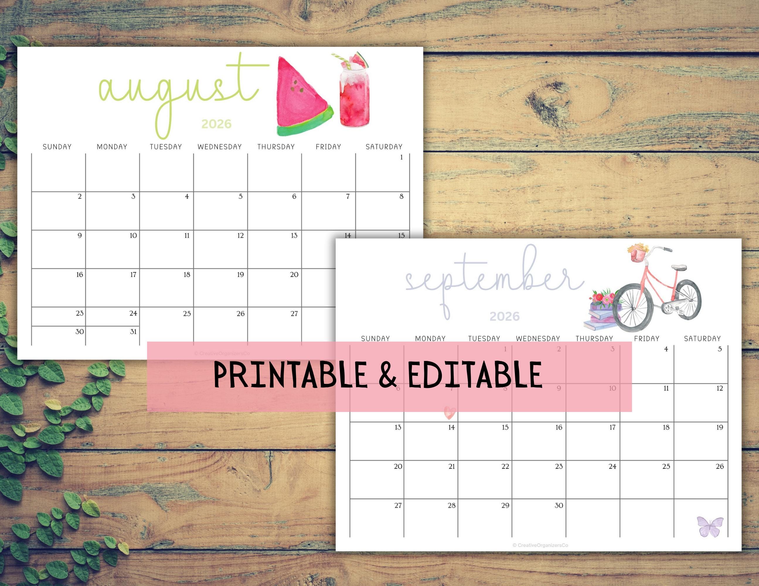 2026 EDITABLE Printable Watercolor Calendar,printable Fillable Monthly ...