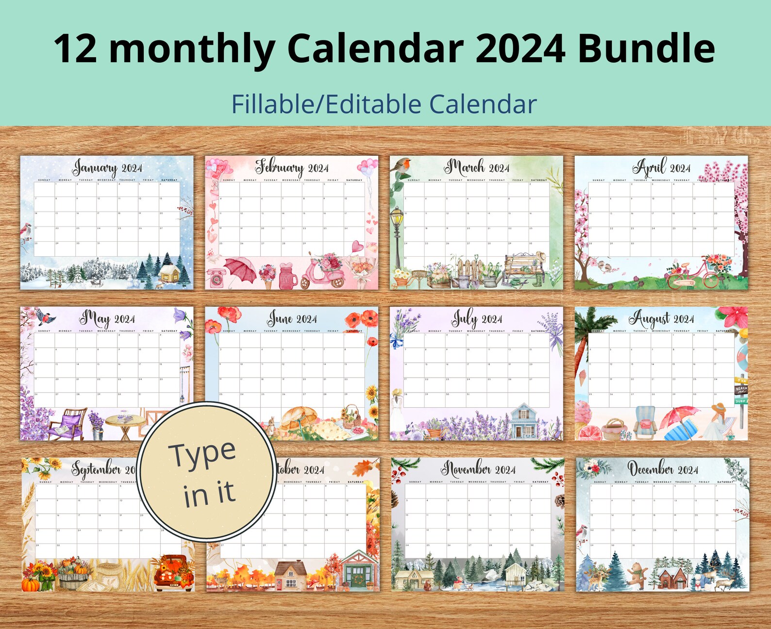 EDITABLE Monthly Calendar 2024 Bundle, Whole Year 2024 Calendar ...