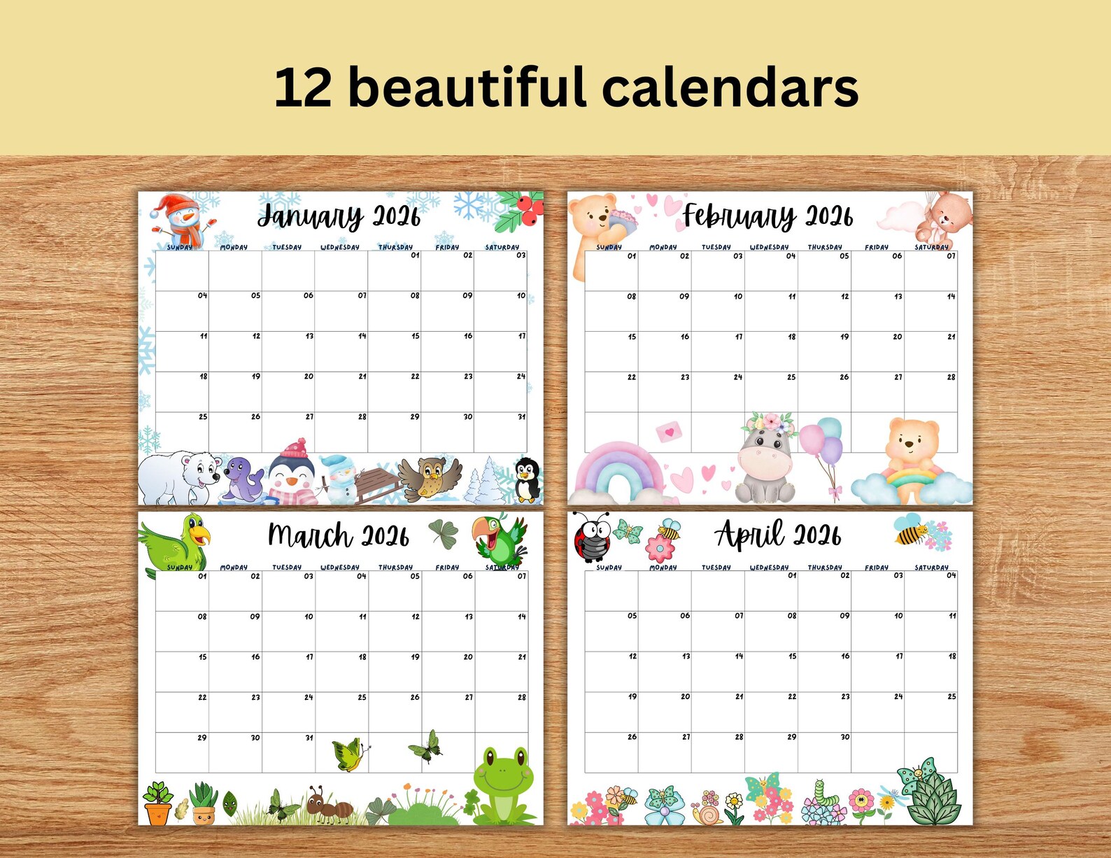 EDITABLE Monthly Calendar 2026 Bundle, Cute Whole Year 2026 Calendar ...