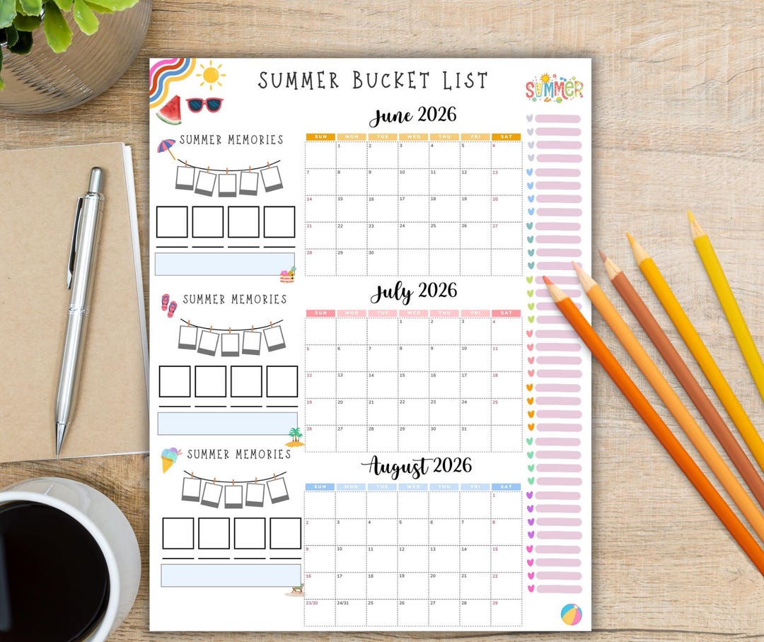EDITABLE 2026 Summer Calendar Poster With Bucket List - 3 Months To-do ...