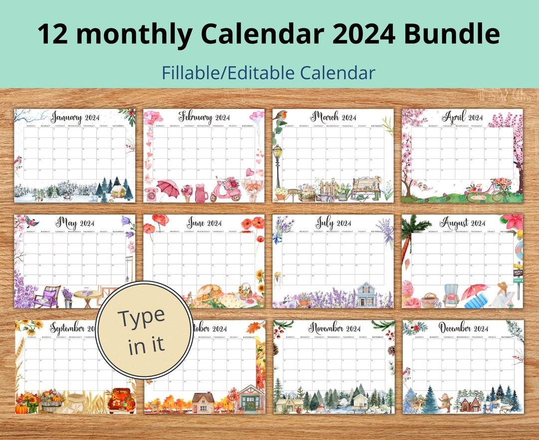 EDITABLE Calendar 2024 Bundle Pack January to December 2024 Whole Year ...