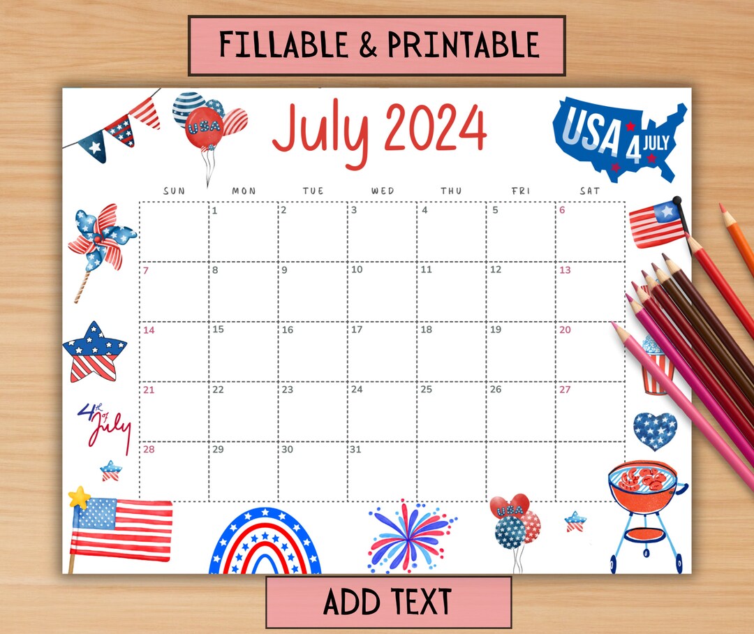 EDITABLE July 2024 Calendar, Printable Wall Calendar 2024, Cute ...
