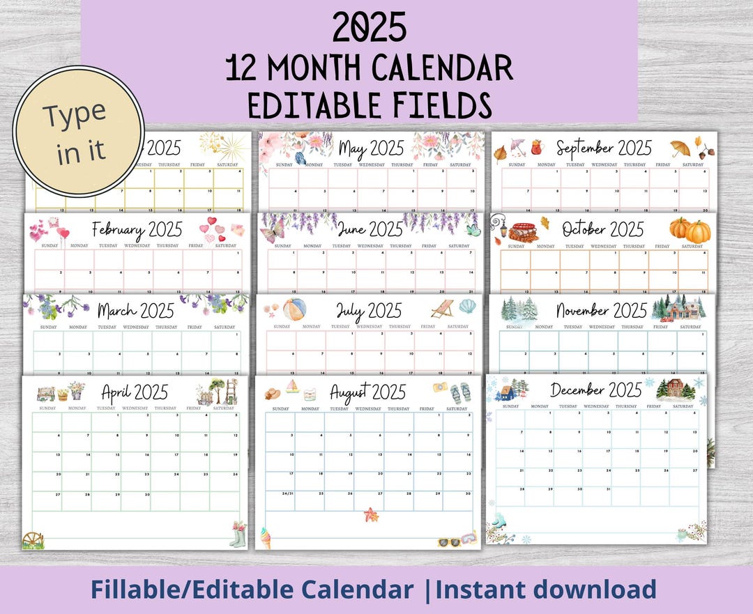 EDITABLE Calendar 2025 Bundle, Printable Watercolor Calendar for Kids ...