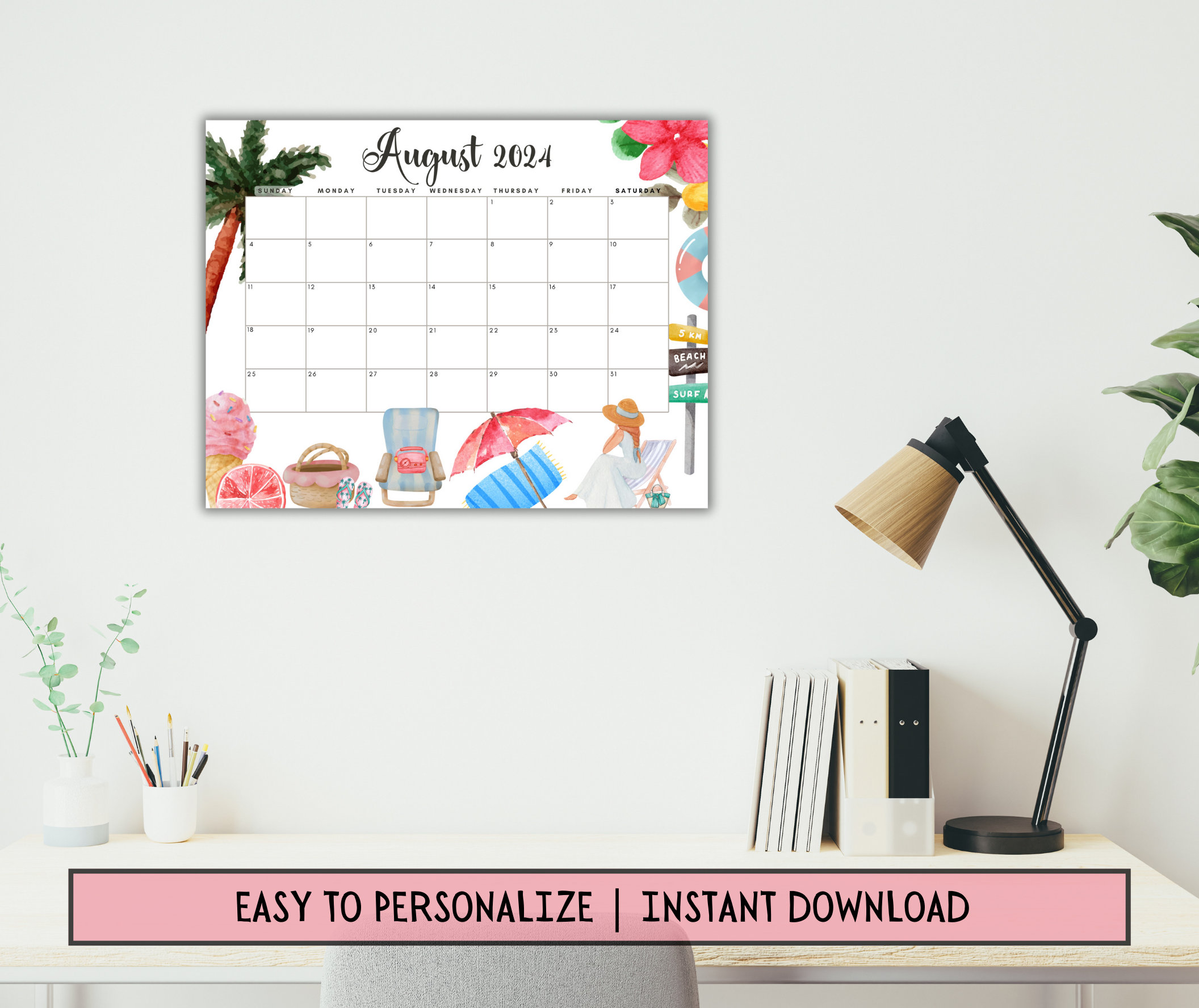 EDITABLE August 2024 Calendar, Printable Wall Calendar 2024, Cute ...