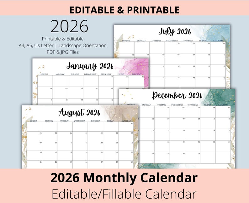 EDITABLE 2026 Calendar Printable Fillable 2026 Monthly Calendar Bundle ...