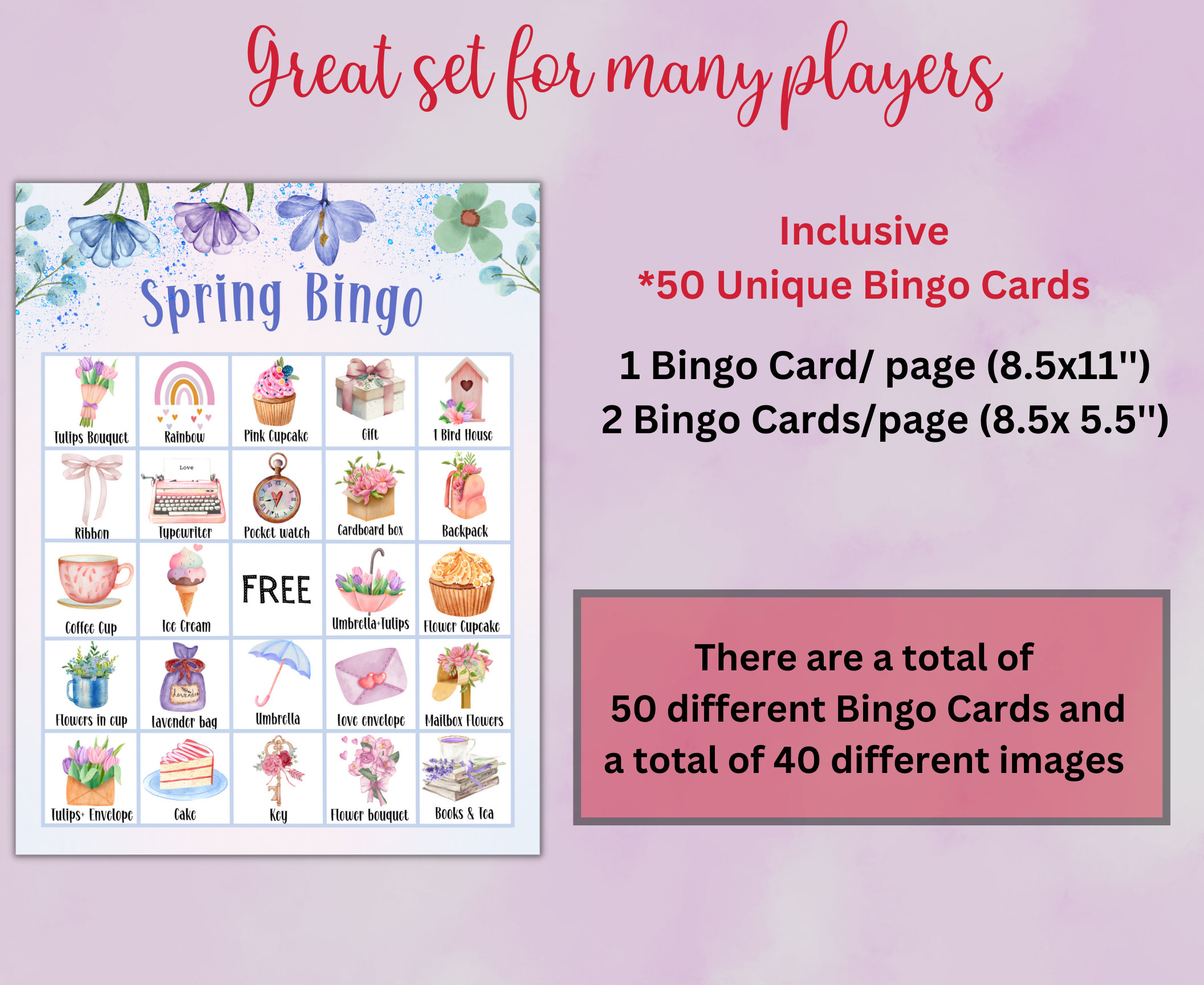 PRINTABLE SPRING Bingo Game With 50 Unique Bingo Cards, Bing Game ...