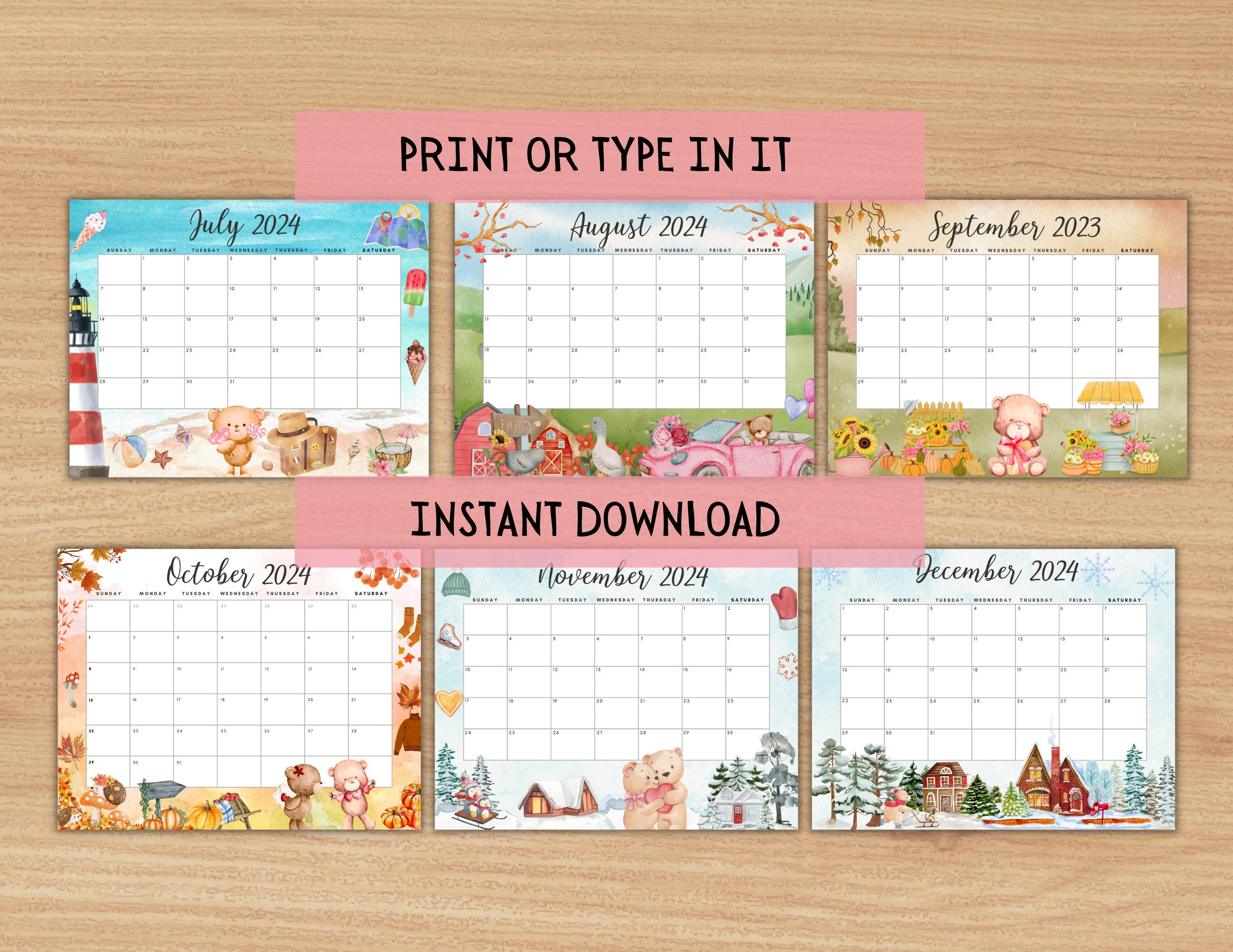 EDITABLE Monthly Calendar 2024 Bundle, Whole Year 2024 Calendar W/ Cute ...