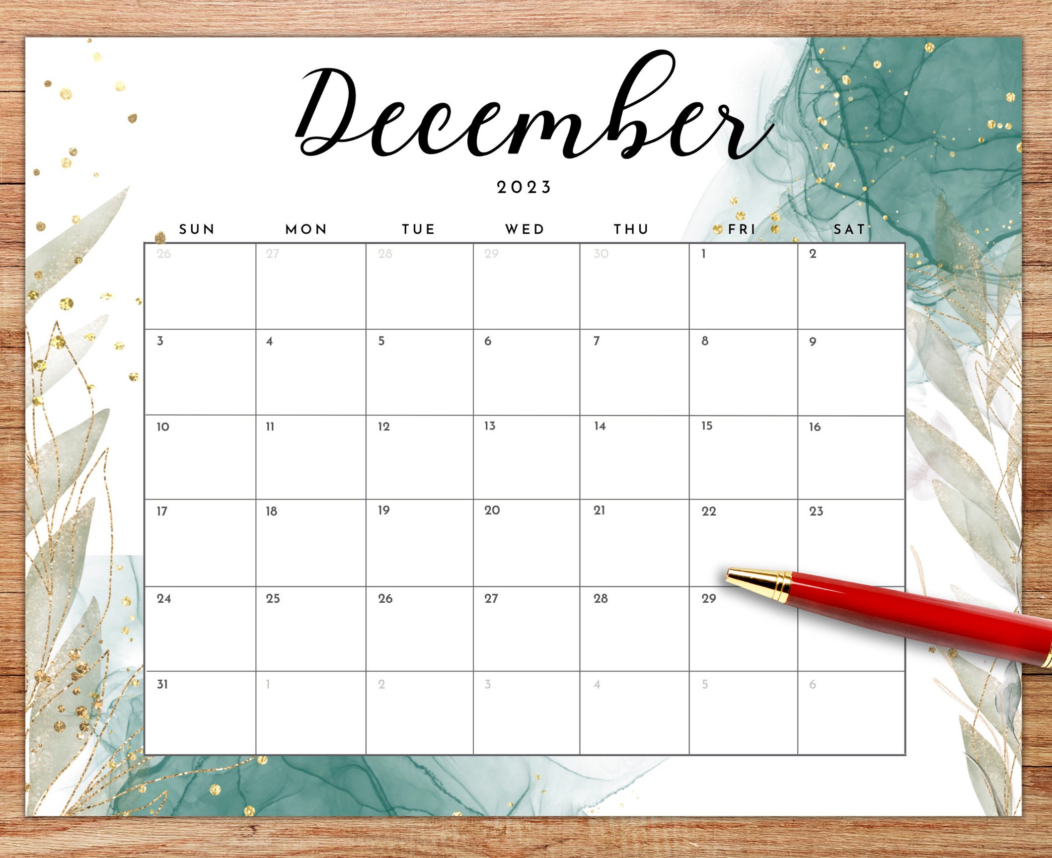 EDITABLE December 2023 Calendar printable Fillable Gold - Etsy Australia