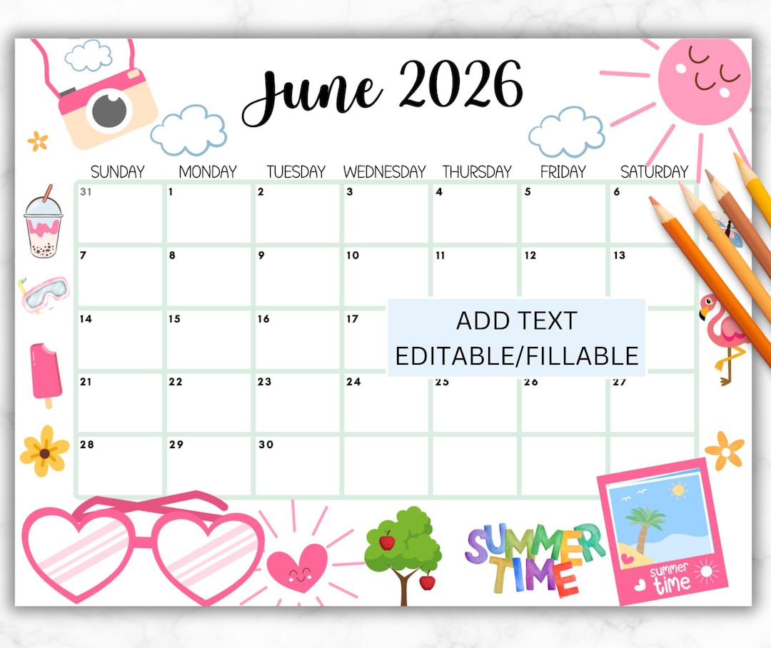 EDITABLE June 2026 Calendar, Printable Wall Calendar 2026, Cute ...