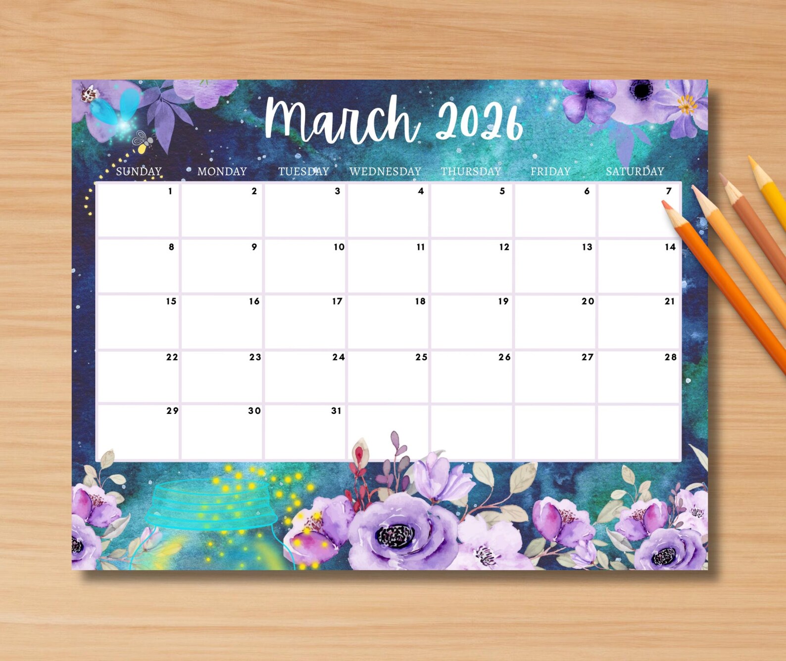 Editable Fillable March 2026 Calendar With Spring Flowers and Night Sky ...