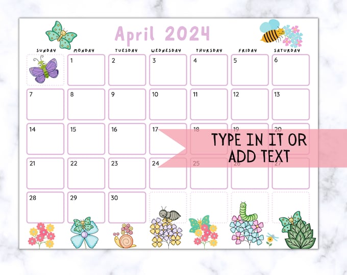 Editable April 2024 Calendar, Printable Fillable Monthly Calendar, Work ...