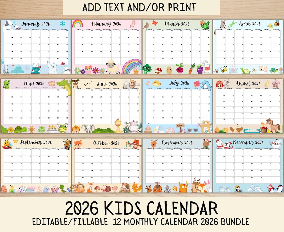EDITABLE Monthly Calendar 2026 Bundle Pack, Whole Year 2026 Calendar ...
