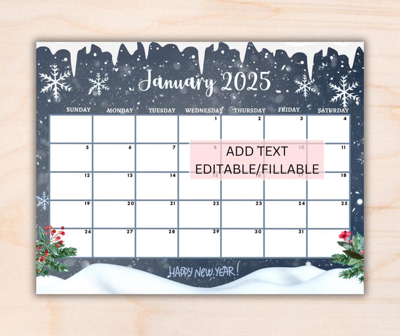EDITABLE January 2025 Calendar, Printable Monthly Calendar for January ...