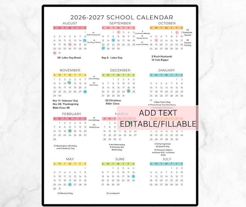 Bewerkbare schooljaarkalender 2026-2027 schoolkalender, afdrukbare ...