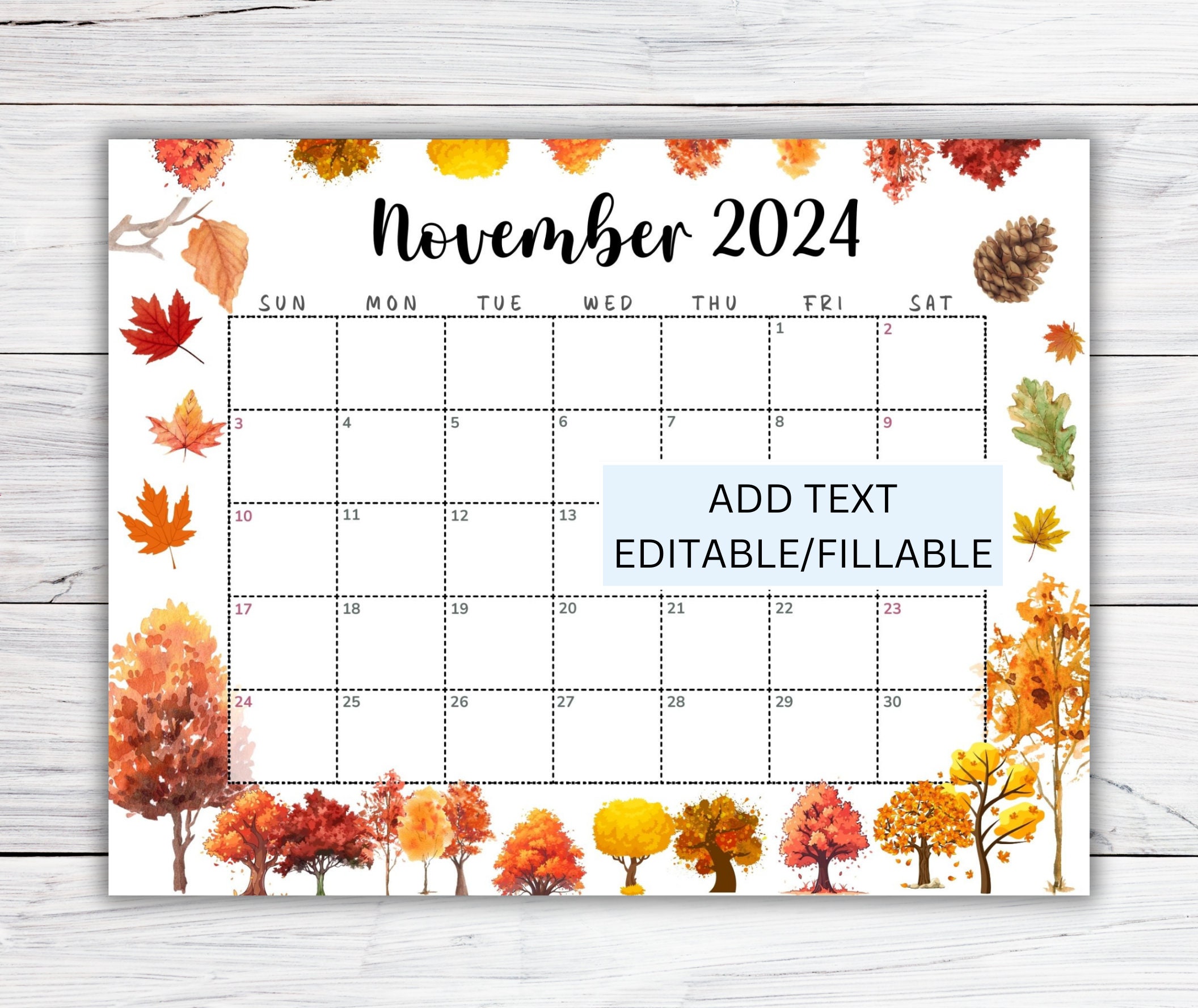 EDITABLE November 2024 Calendar, Printable Fillable Monthly Calendar W ...