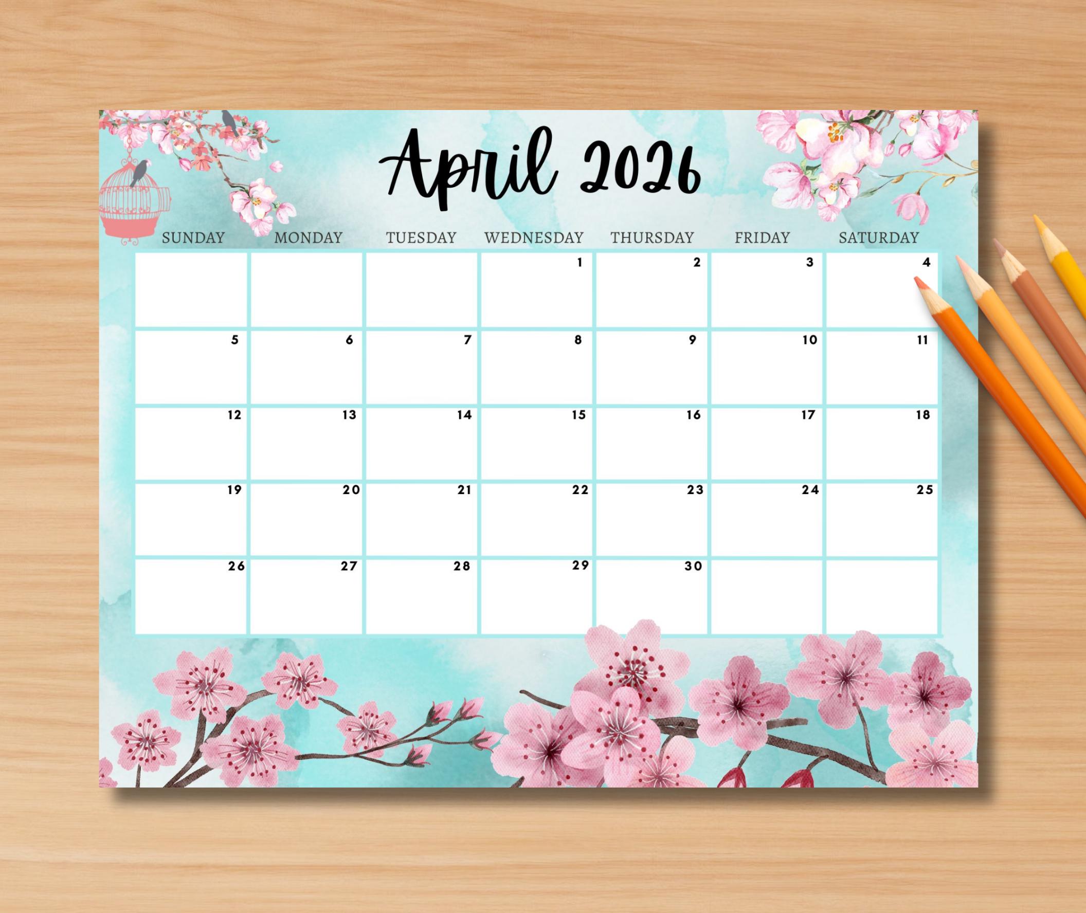 EDITABLE April 2026 Calendar, Printable Monthly Calendar W/ Cherry ...