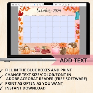 EDITABLE October 2024 Calendar, Printable Monthly Calendar for October ...