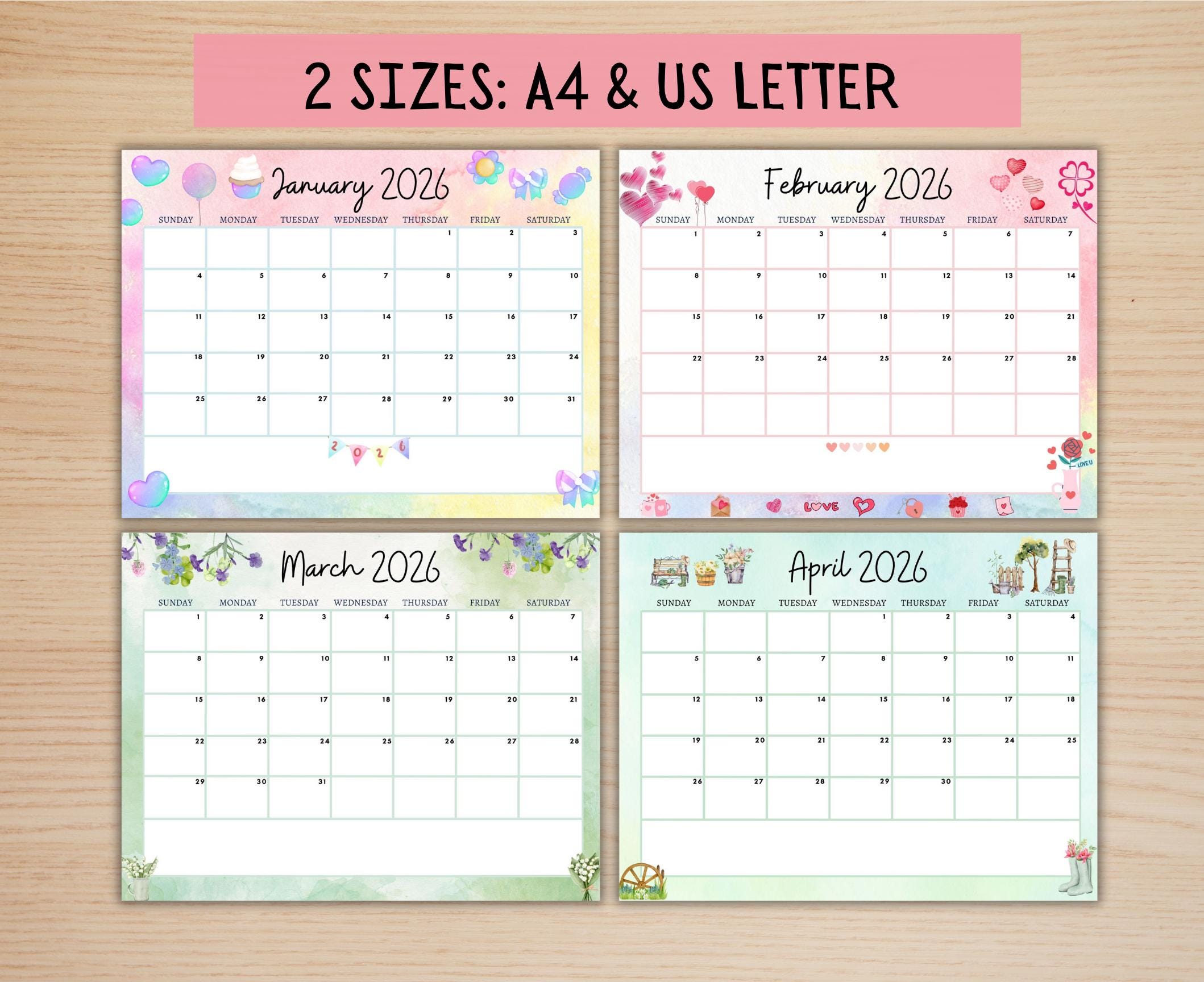 2026 EDITABLE Printable Watercolor Calendar, Printable Fillable Monthly ...