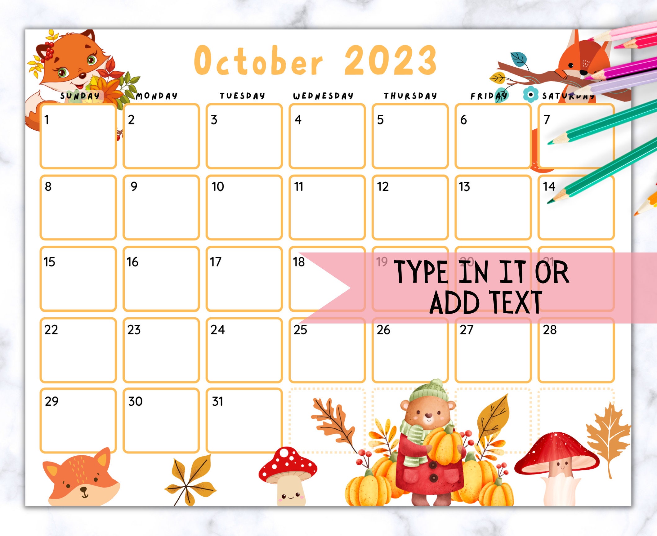 EDITABLE October 2023 Calendar, Cute Printable Fillable Planner for ...