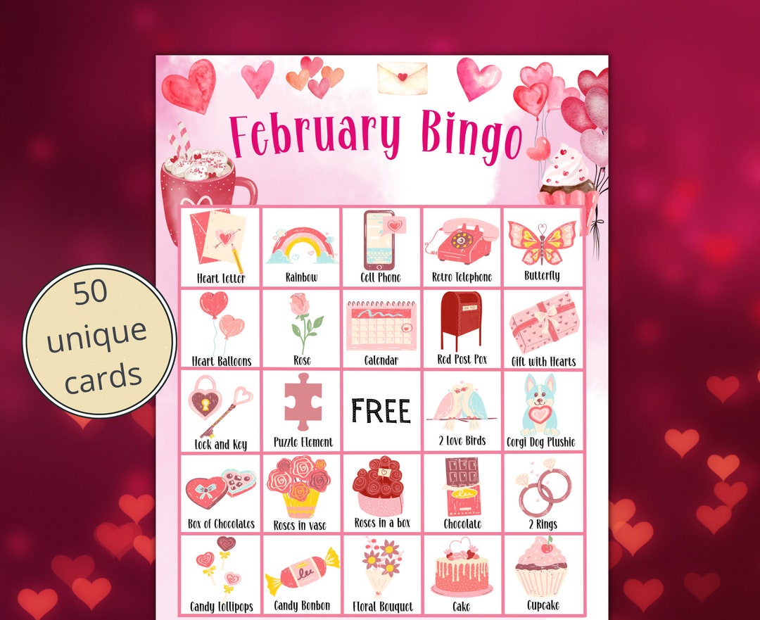 PRINTABLE February Bingo Game With 50 Unique Bingo Cards, Bing Game ...