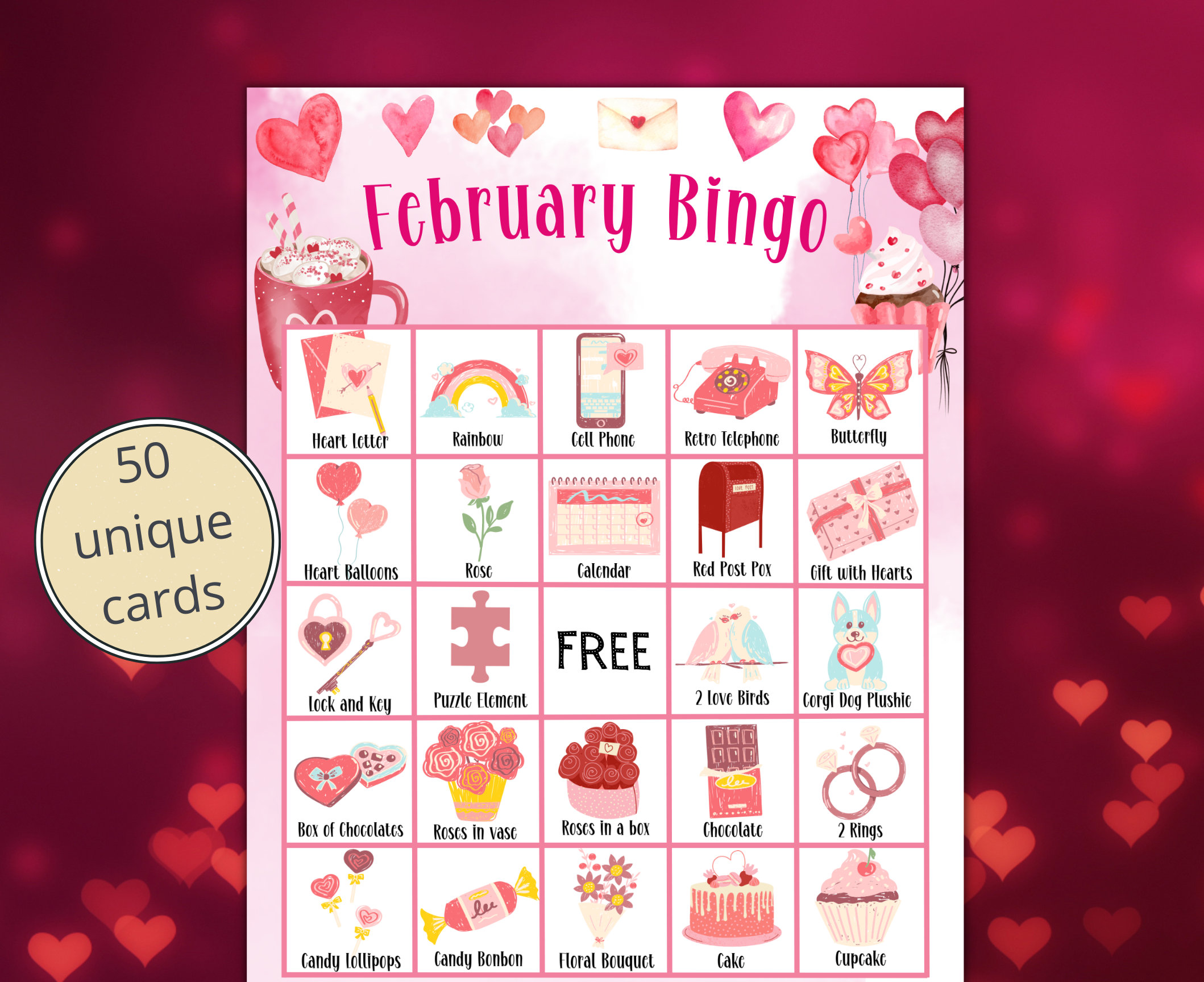 PRINTABLE February Bingo Game With 50 Unique Bingo Cards, Bing Game ...