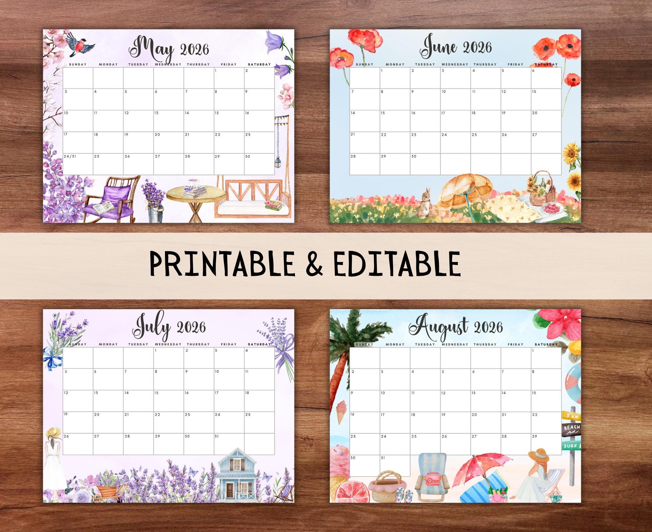 EDITABLE Monthly Calendar 2026 Bundle, Cute Printable Fillable Monthly ...
