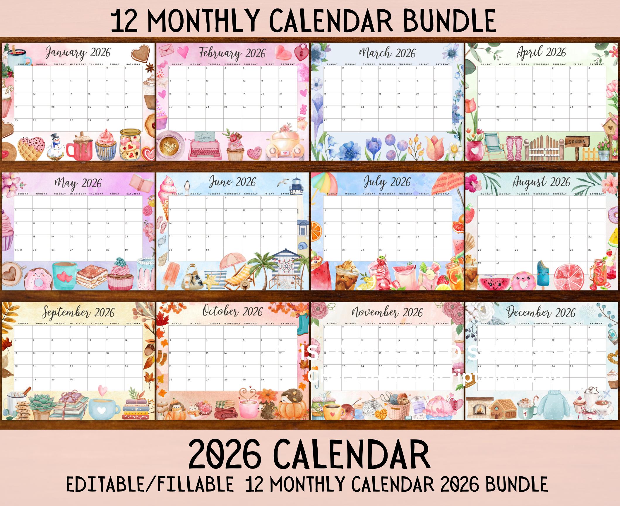 EDITABLE Monthly Calendar 2026 Bundle,fillable PDF 2026 Calendar,cute ...