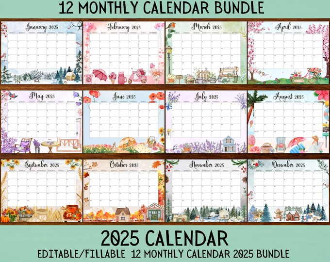 EDITABLE Monthly Calendar 2025 Bundle, Printable Fillable Monthly ...