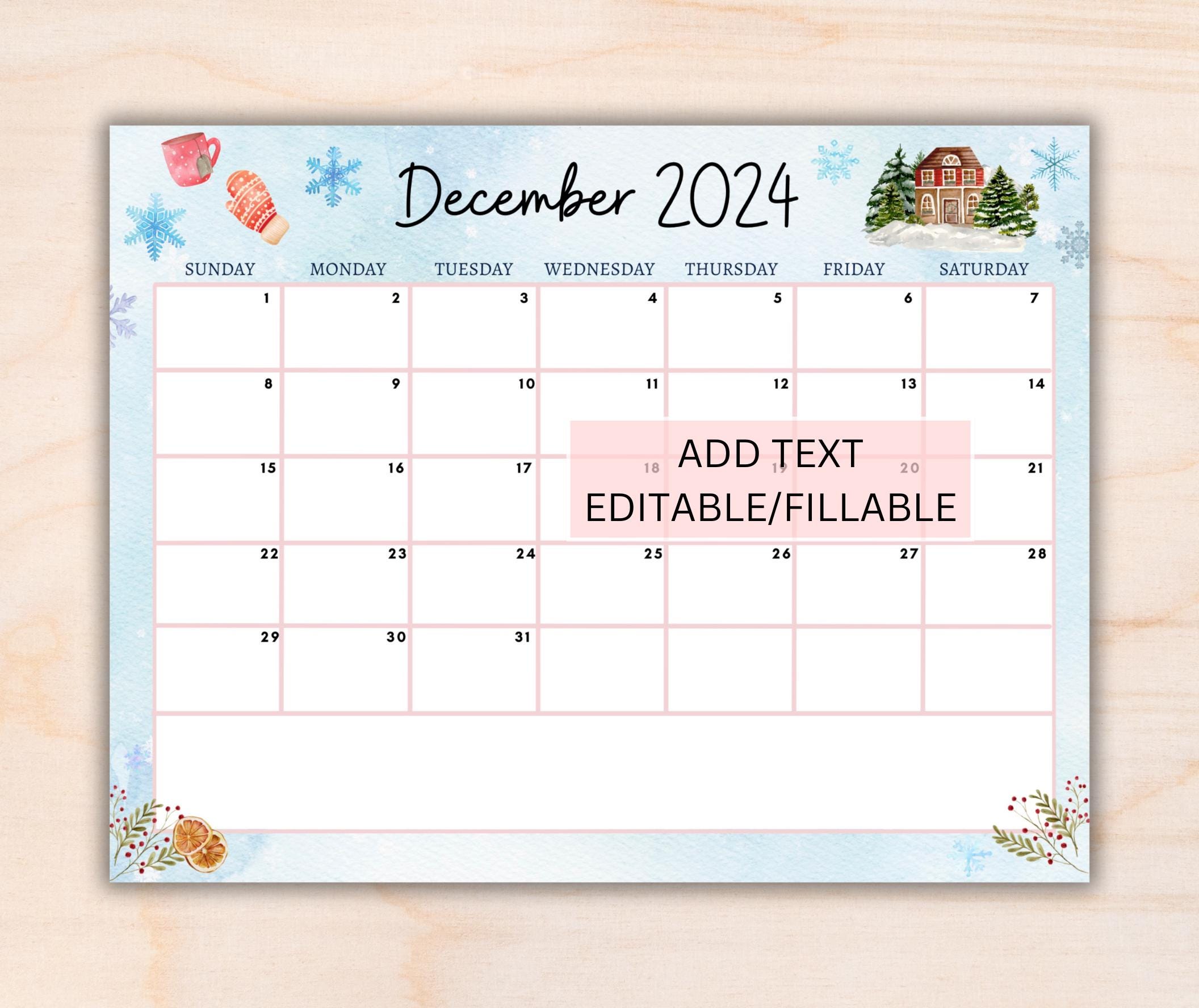 EDITABLE December 2024 Calendar, Printable Monthly Calendar Winter ...