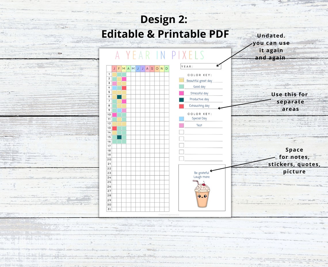 A Year in Pixels Editable & Printable PDF Yearly Mood Tracker Progress ...