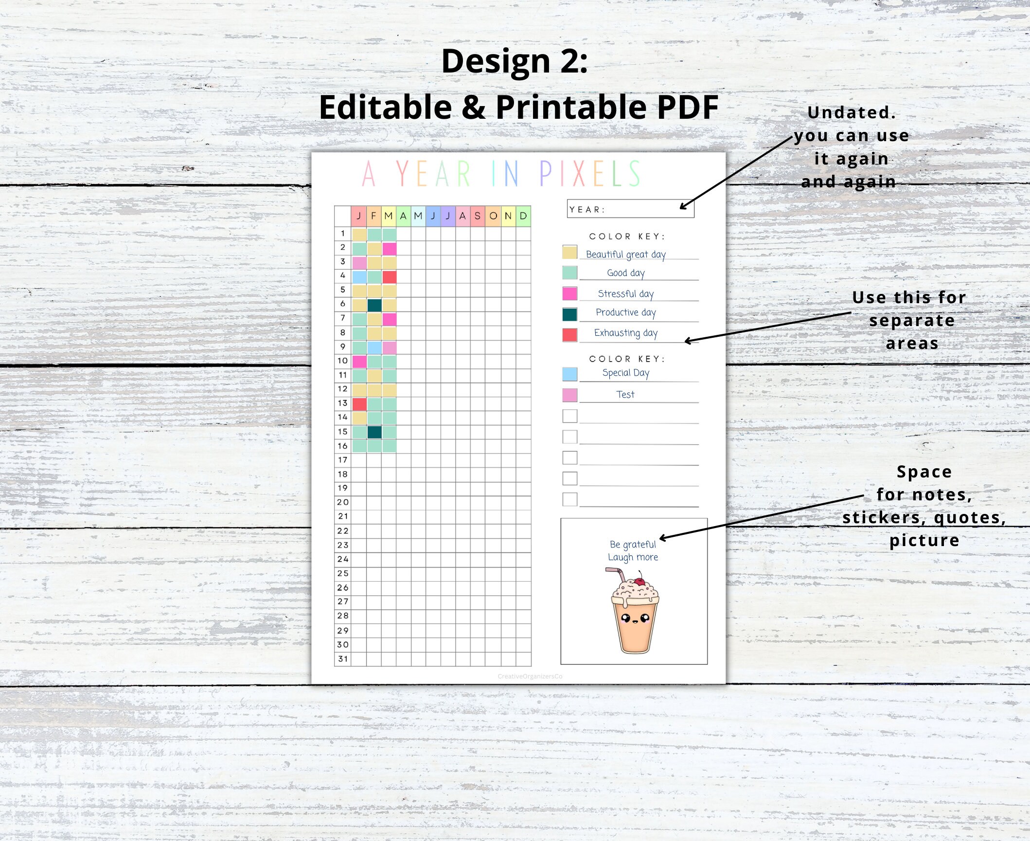 A Year in Pixels Editable & Printable PDF | Yearly Mood Tracker ...