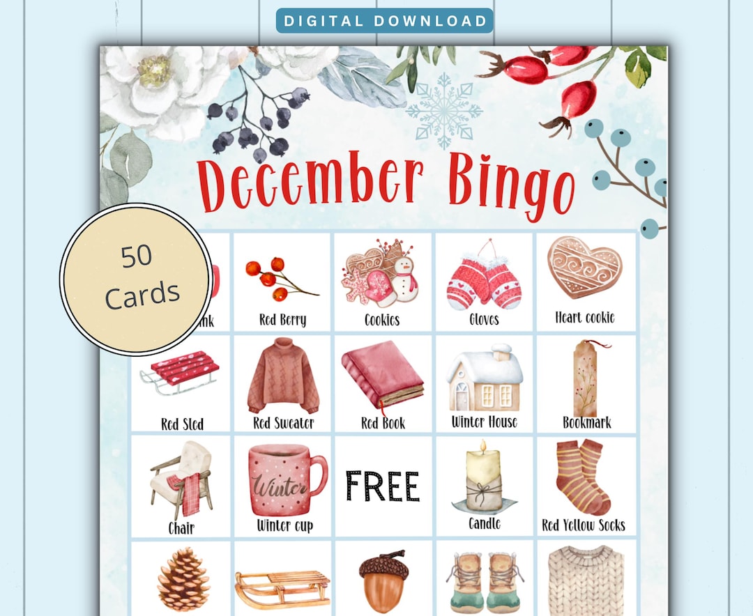 PRINTABLE December Bingo Game With 50 Unique Bingo Cards, Bingo Game ...