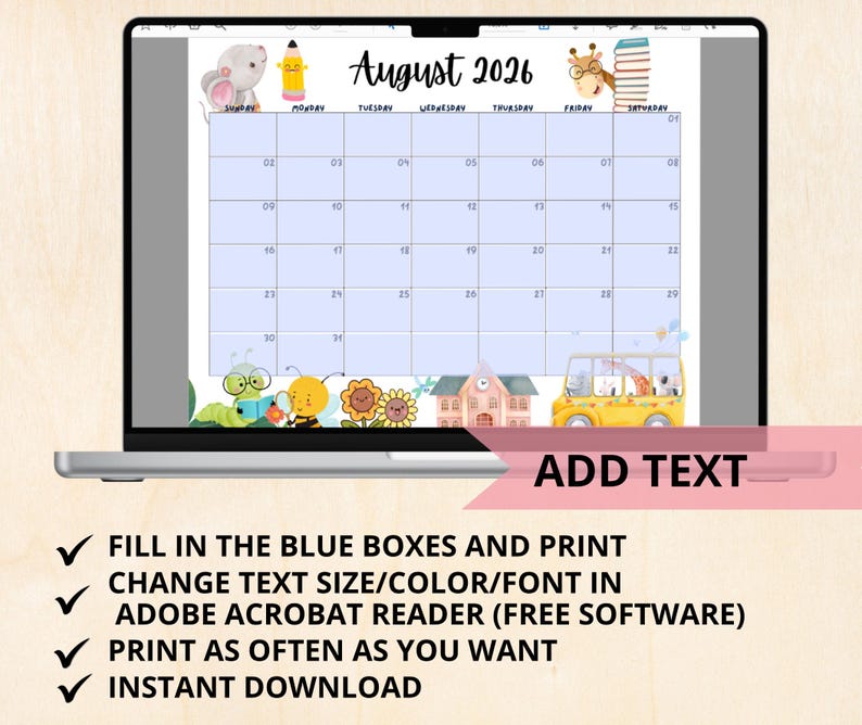 EDITABLE August 2026 Calendar, Cute Back to School, Printable Calendar ...