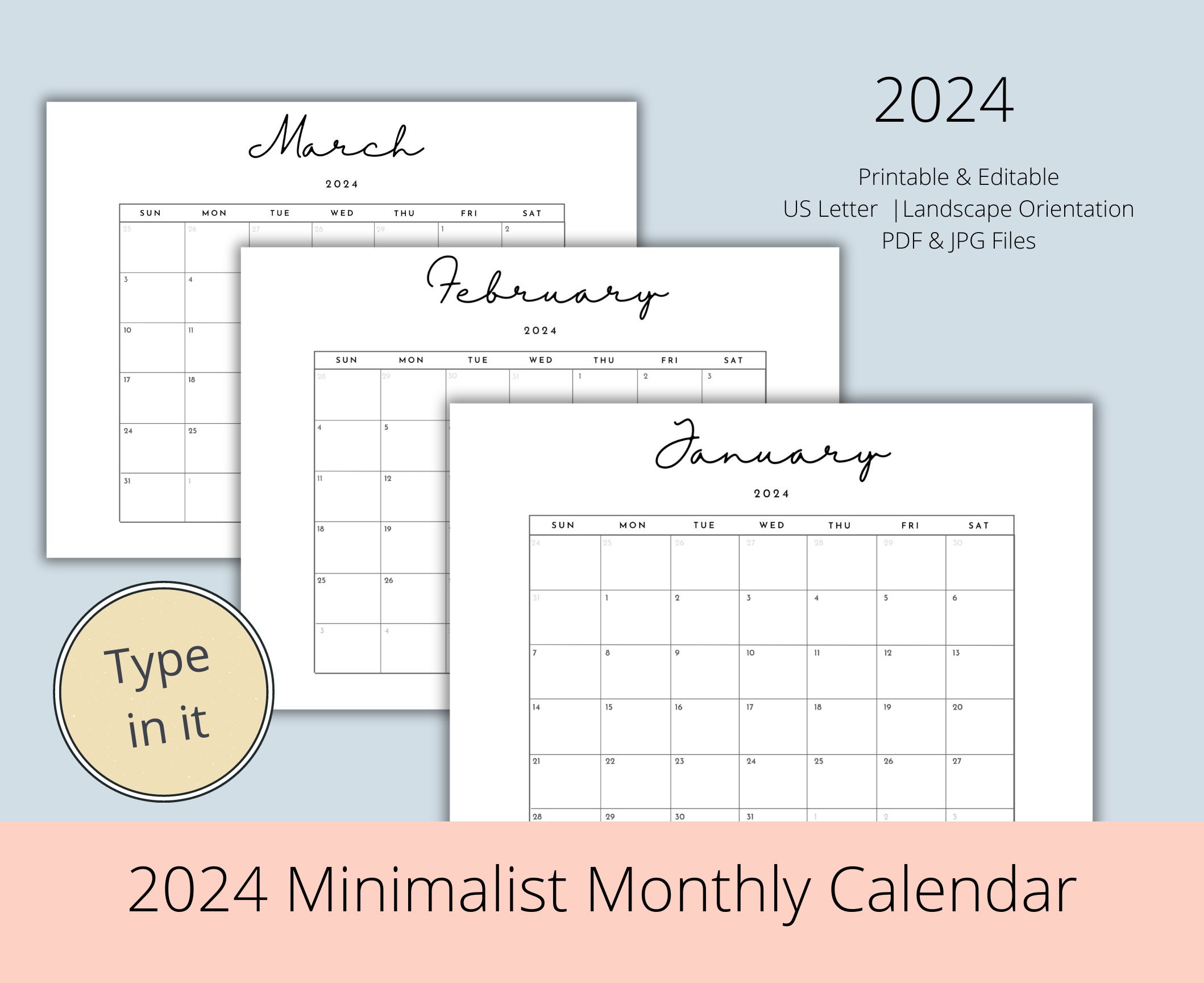 2024 Editable Printable Calendars 2024 Minimalist Calendar Bundle ...