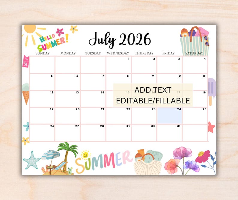 EDITABLE July 2026 Calendar, Printable Wall Calendar 2026, Cute ...