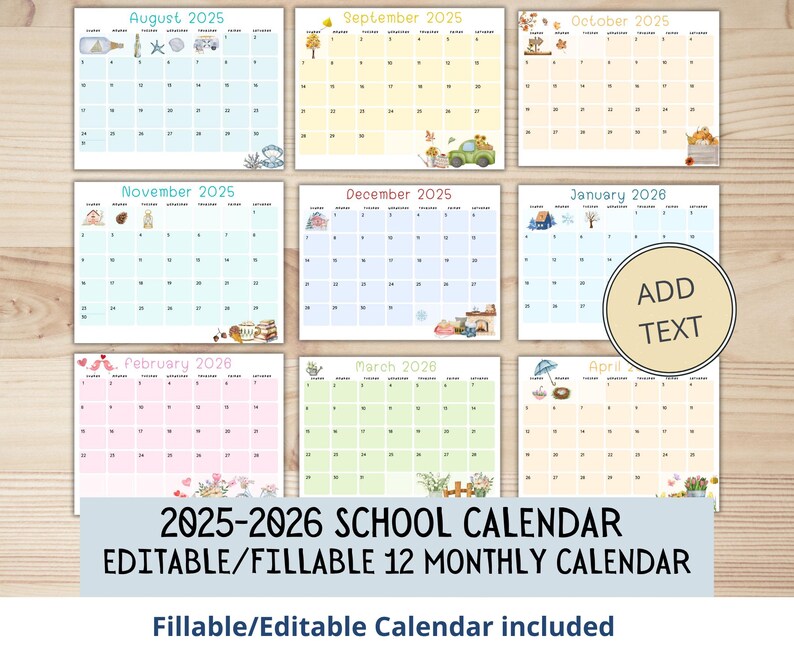 EDITABLE 2025- 2026 School Calendar Printable 2025 2026 Academic ...