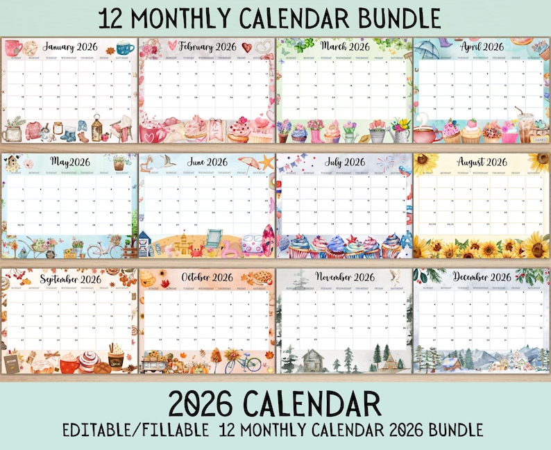 EDITABLE Monthly Calendar 2026 Bundle, Cute Printable Fillable Monthly ...