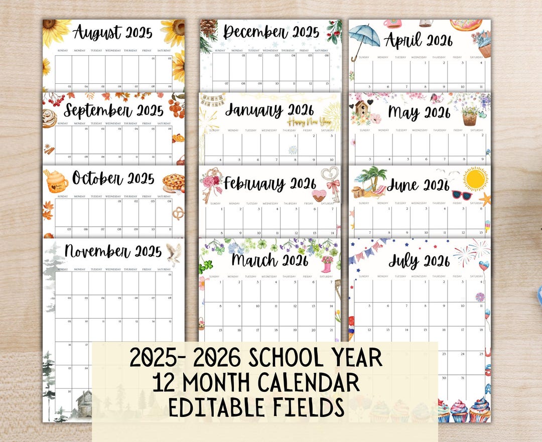 Editable School Year Calendar 2025-2026 Printable 2025- 2026 Calendar ...