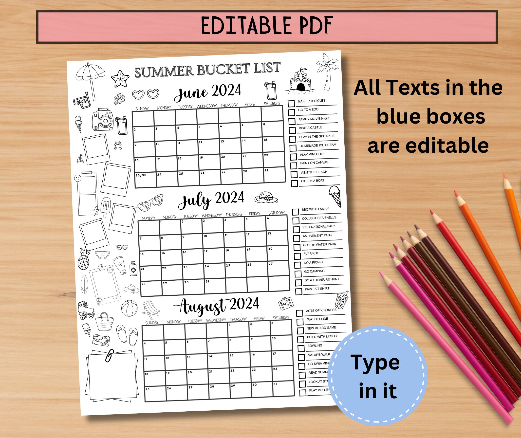 Editable Summer Calendar Poster, Printable Summer Activities Calendar ...