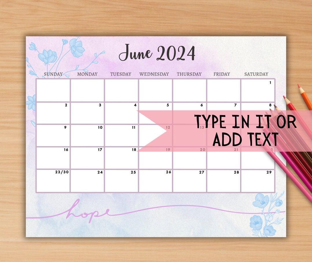 EDITABLE June 2024 Calendar, Printable Fillable Monthly Calendar for ...
