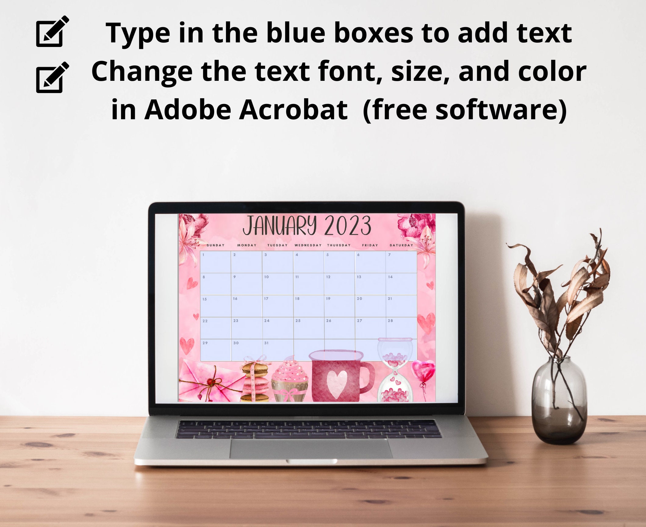 EDITABLE Monthly Calendar 2023 Bundle in Pink Whole Year 2023 - Etsy