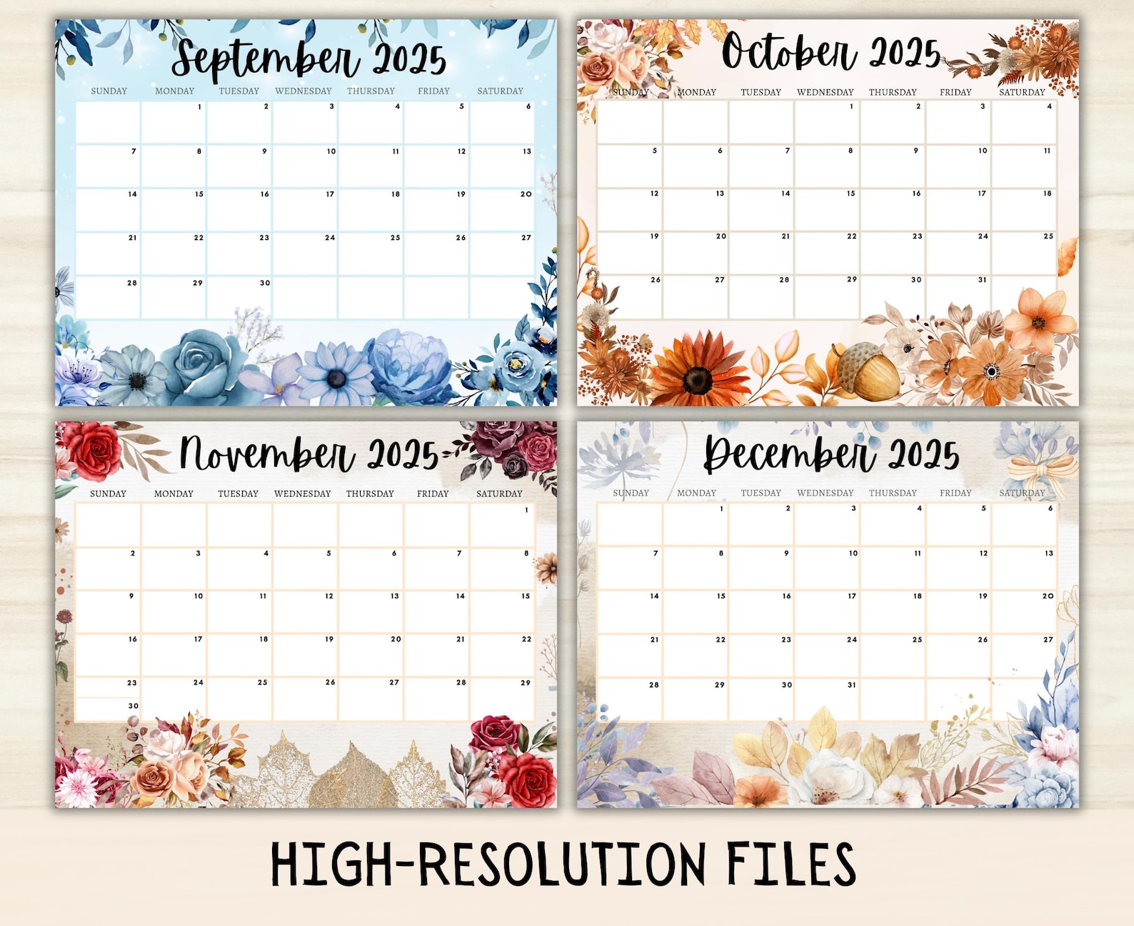 EDITABLE Calendar 2025 Bundle Pack W/ Flowers, Floral Calendar, Floral ...