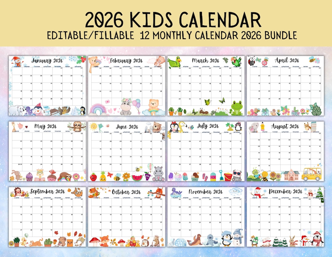 EDITABLE Monthly Calendar 2026 Bundle, Cute Whole Year 2026 Calendar ...